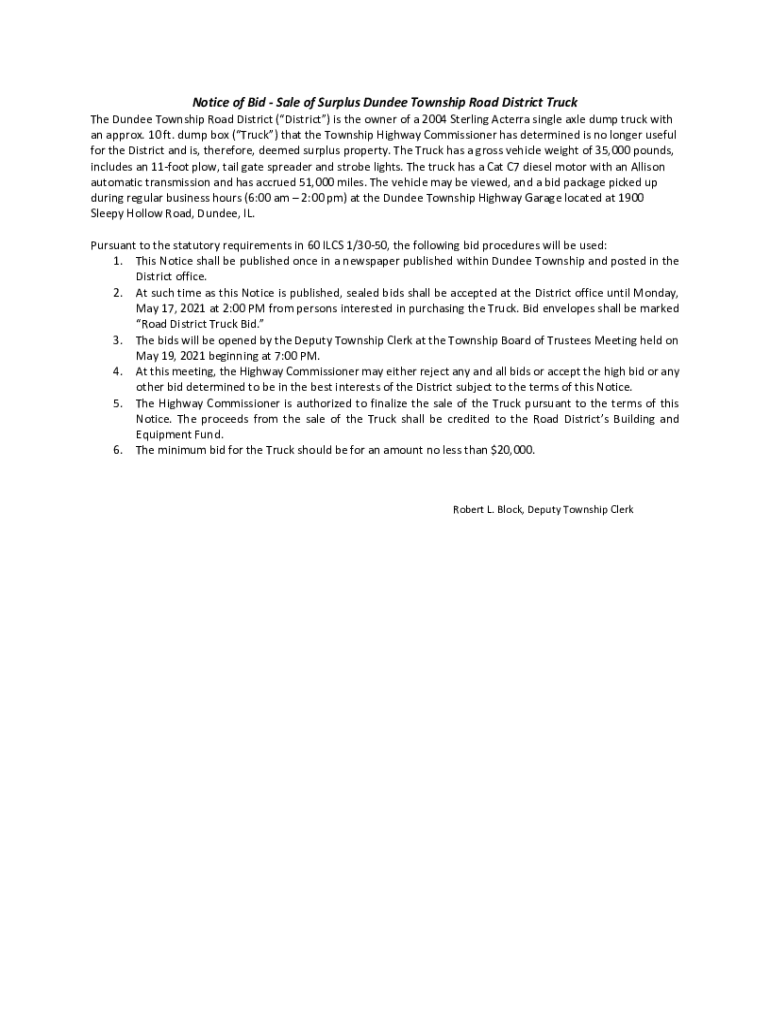 Fillable Online Notice of Bid - Sale of Surplus Dundee Township Road ...