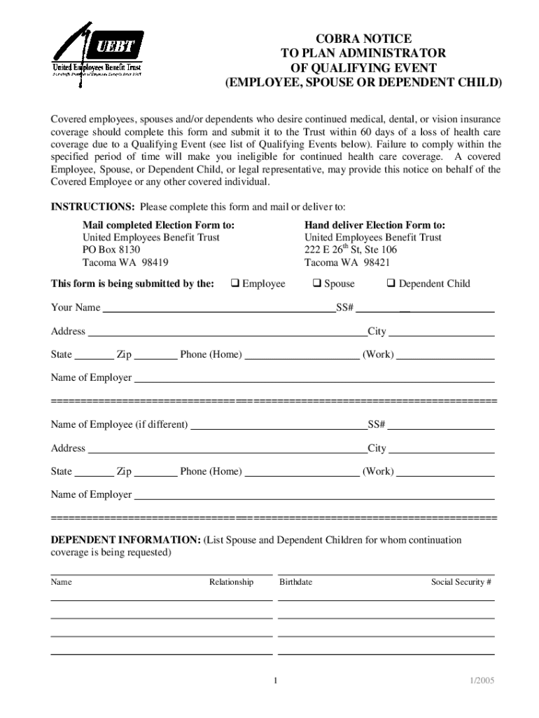 Fillable Online COBRA NOTICE TO PLAN ADMINISTRATOR OF QUALIFYING EVENT ...