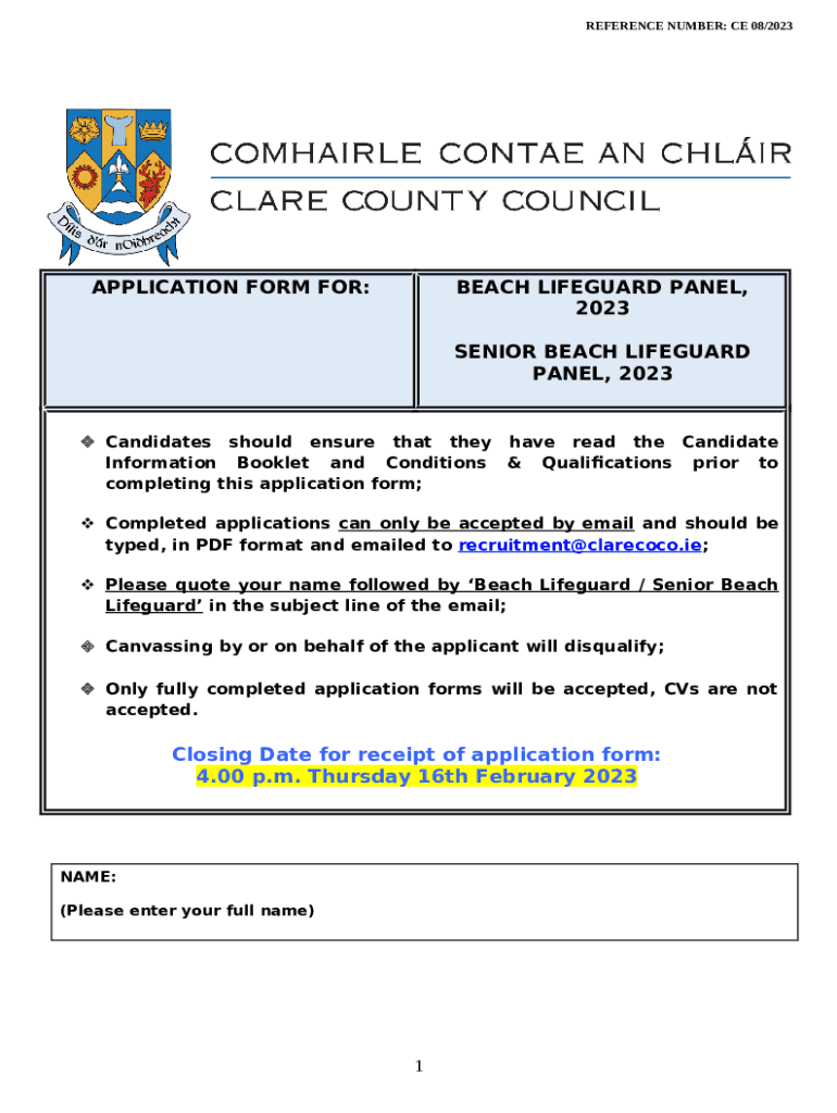 Application for Beach Lifeguard & Senior Beach Lifeguard Panel, 2023. Application for Beach ...
