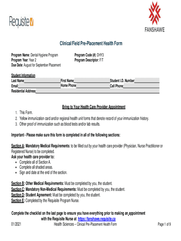 Fillable Online Clinical Pre-Placement Health Form Dental Hygiene Year ...