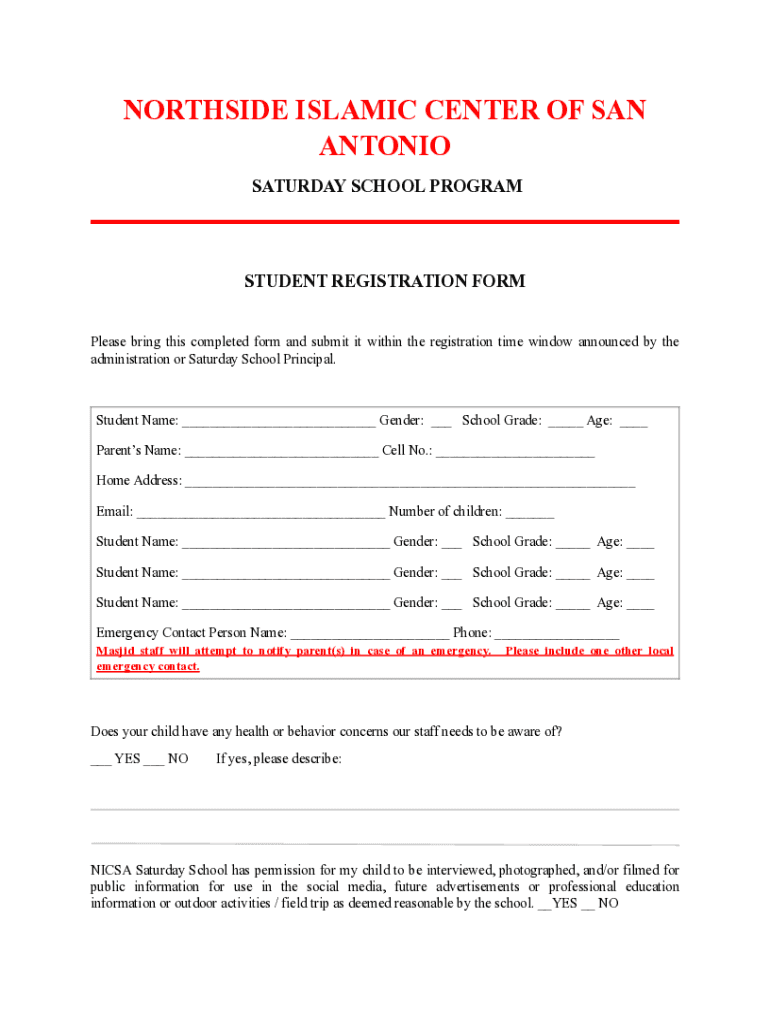 Fillable Online NICSA Saturday School Registration Form Fax Email Print - pdfFiller