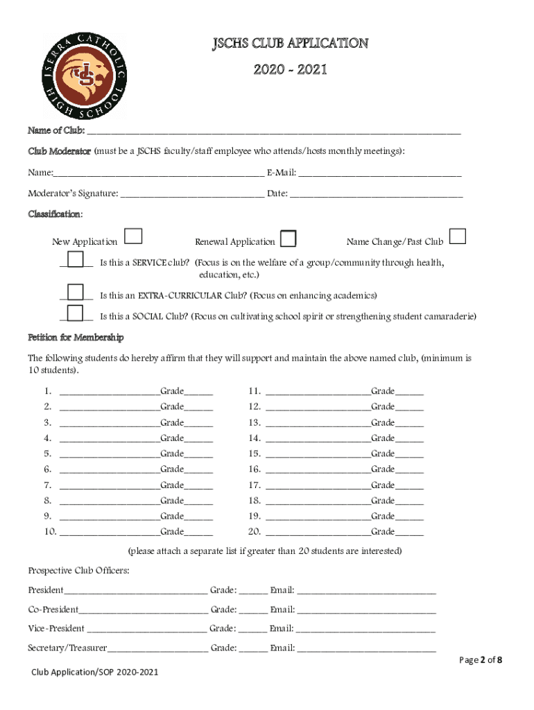 Fillable Online All clubs must apply or re-apply for official/active status each school year Fax ...