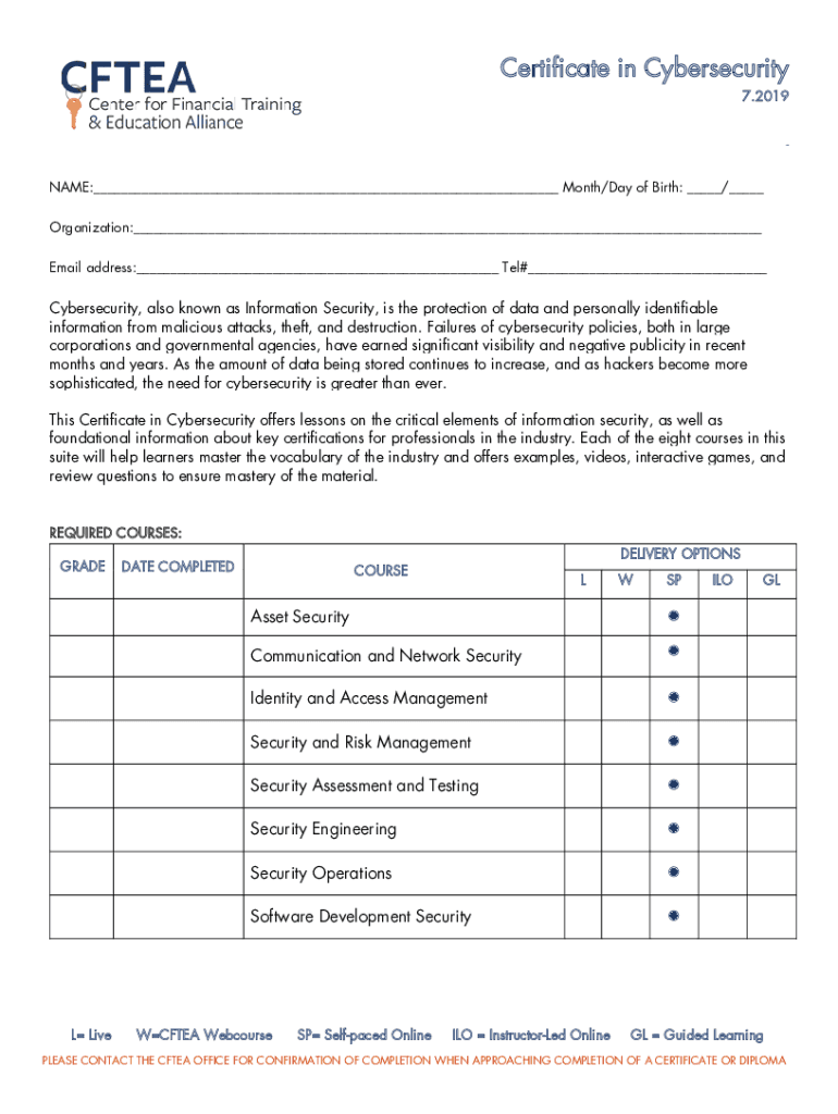 Fillable Online Cyber Security Certificate - CAS - Department of ...