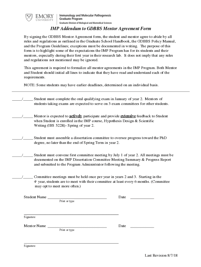 Fillable Online biomed emory BCDB Addendum to GDBBS Mentor Agreement ...