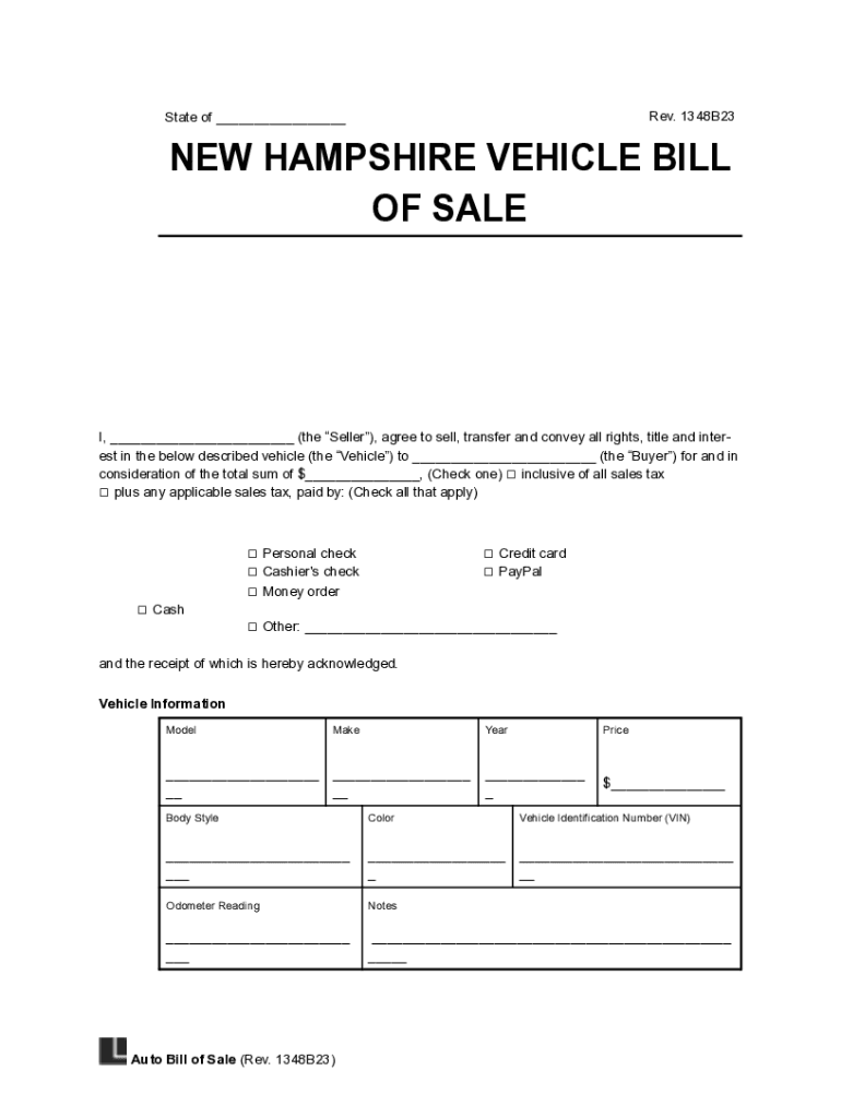 Fillable Online New Hampshire Motor Vehicle (DMV) Bill of Sale Form Fax ...