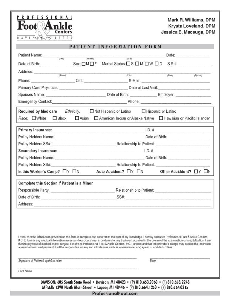 Fillable Online Professional Foot and Ankle Centers: Podiatrist in ...