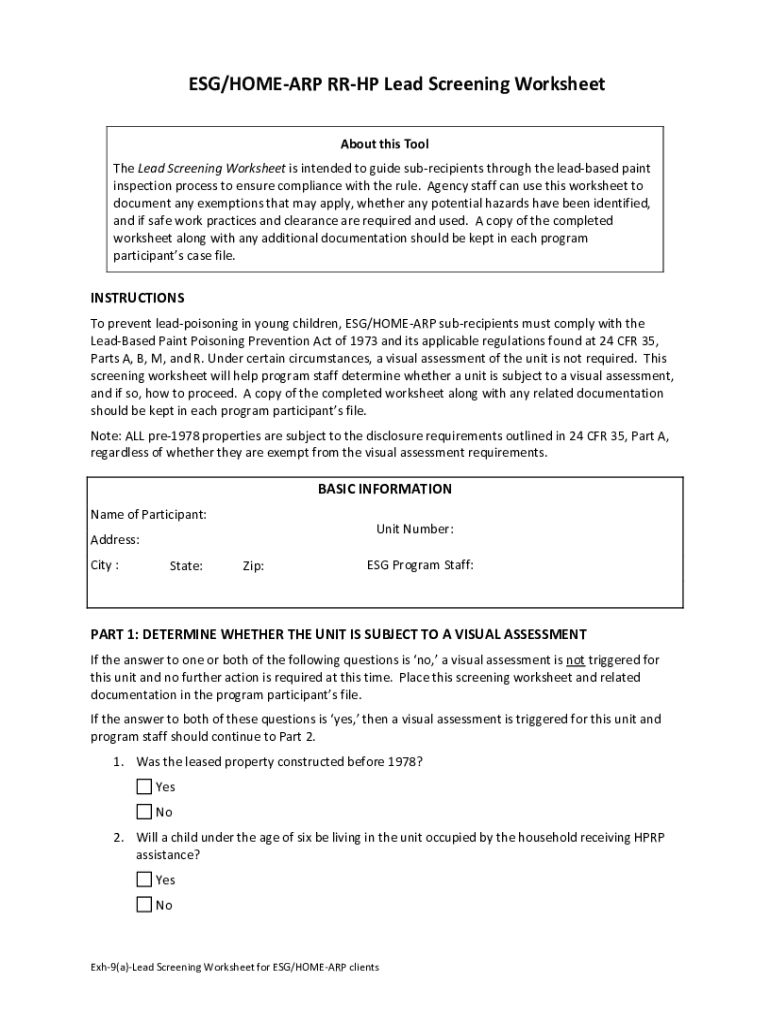 Fillable Online ESG/HOME-ARP RR-HP Lead Screening Worksheet Fax Email ...