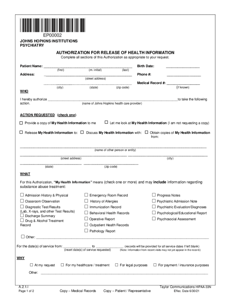 Fillable Online johns hopkins healthcare llc - authorization for release of ... Fax Email Print ...