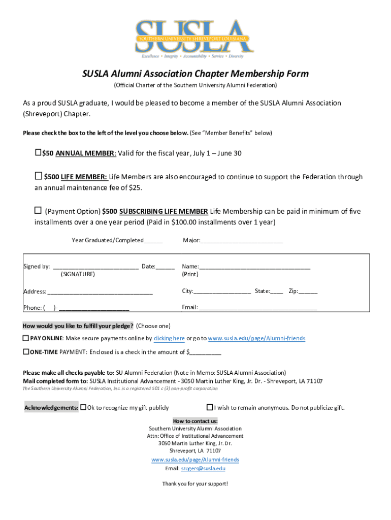 Fillable Online SUSLA Alumni Association Chapter Membership Form Fax ...