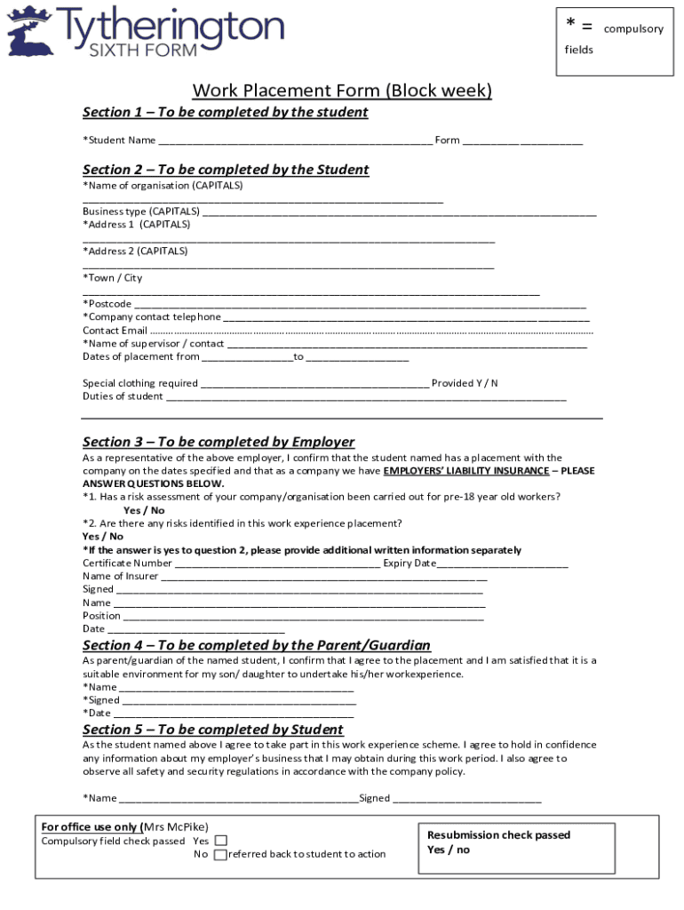 Fillable Online Work Placement Form (Block week) Fax Email Print ...