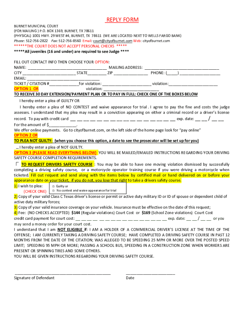 Fillable Online Fillable Online Reply Form ( PDF ) - the City of Burnet ... Fax Email Print ...