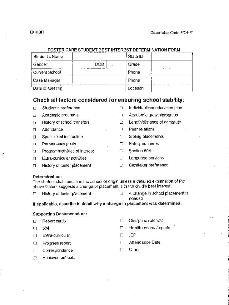 Fillable Online FDH-E1. Foster Care Student Best Interest Determination ...
