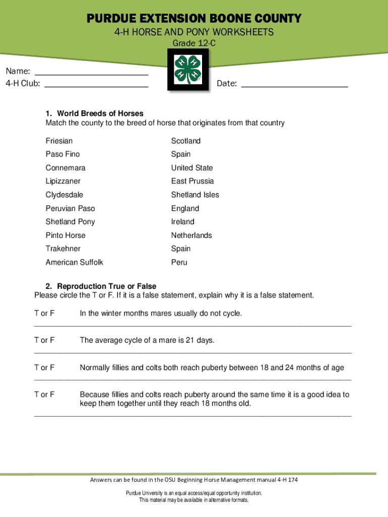 Fillable Online extension purdue 4-h horse & pony worksheet - Purdue ...