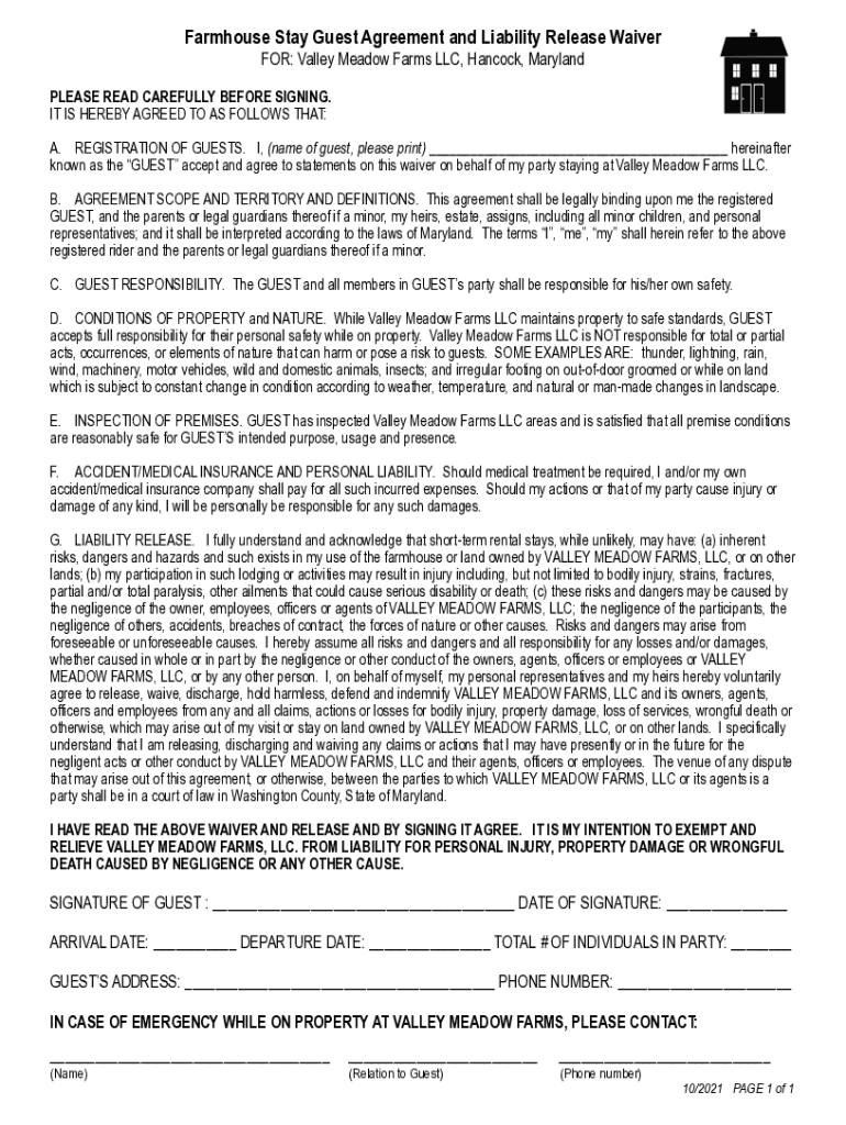Fillable Online Farmhouse Stay Guest Agreement and Liability Release ...