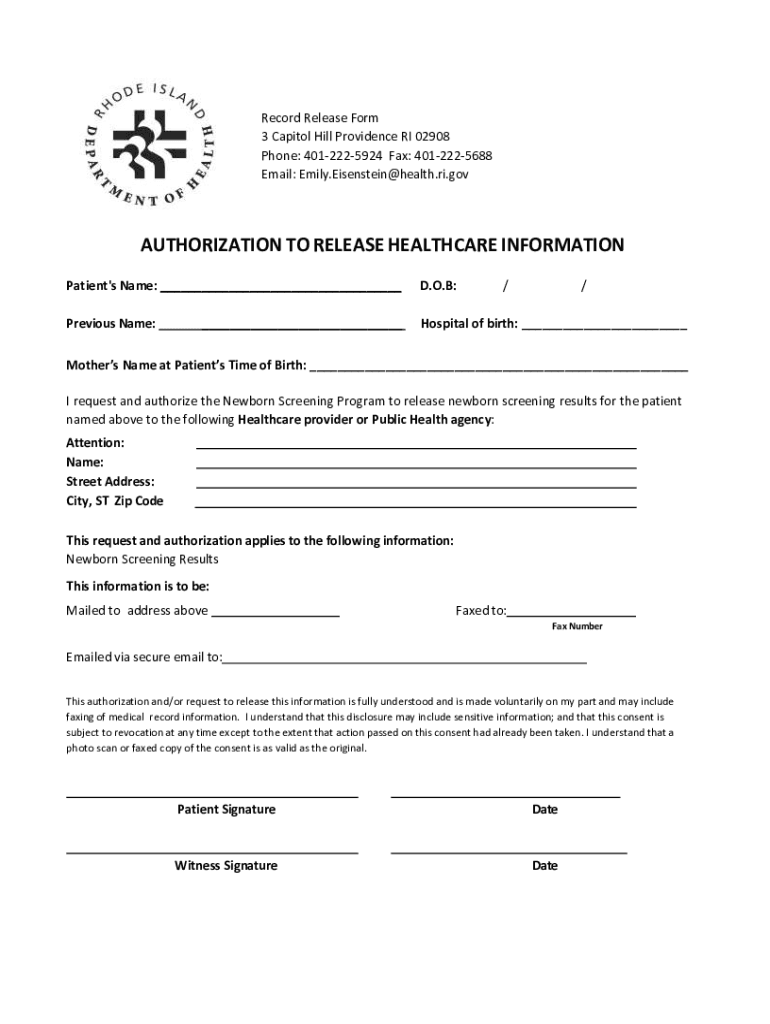 Fillable Online health ri Newborn Screening Record Release ...