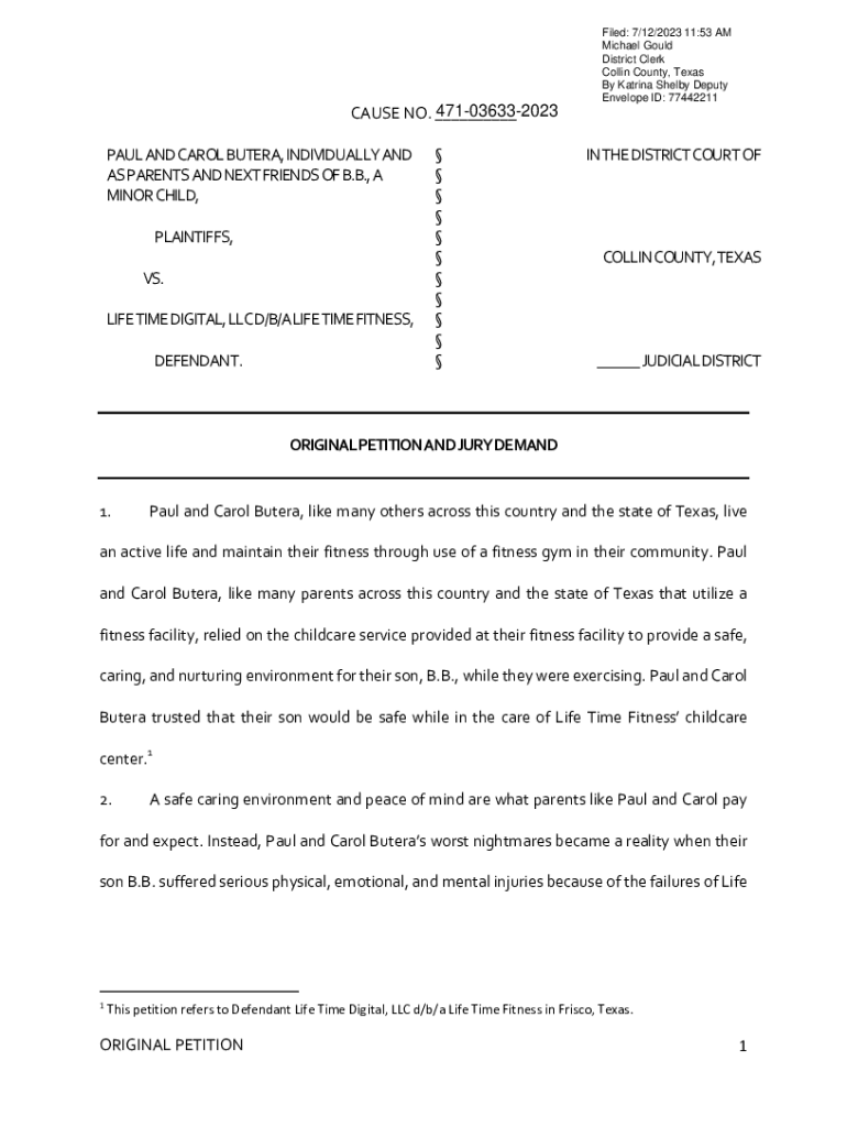 Fillable Online ORIGINAL PETITION 1 CAUSE NO. - The Button Law Firm Fax ...