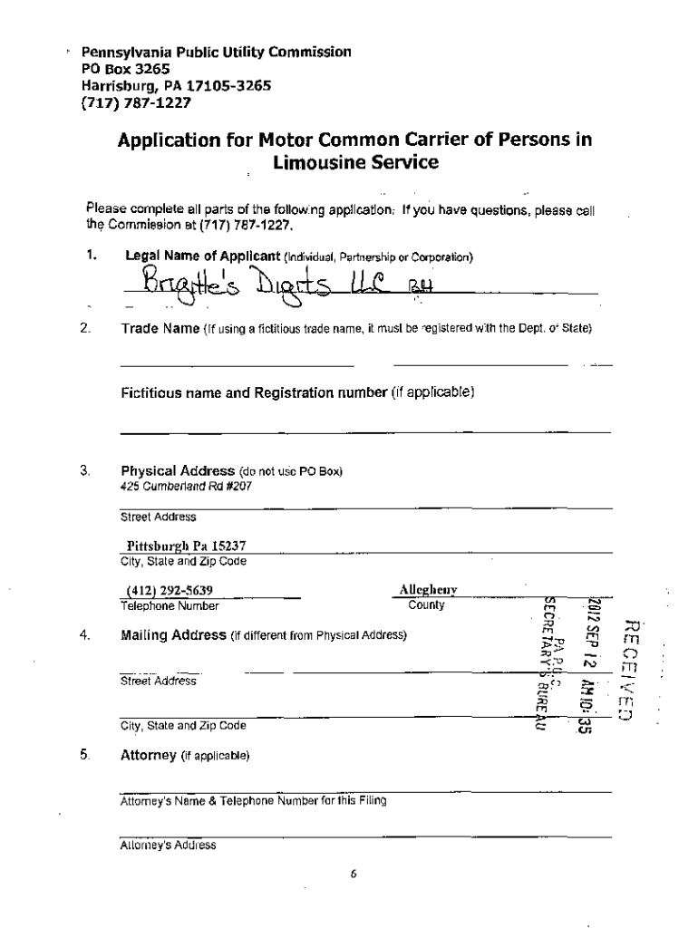 Fillable Online Application for Motor Common Carrier of Persons in ...