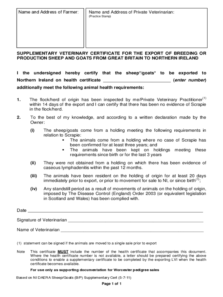 Fillable Online supplementary veterinary certificate for the export of ...