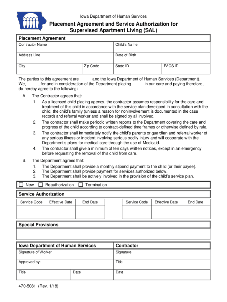 Fillable Online 470-5081 Placement Agreement and Service Authorization ...