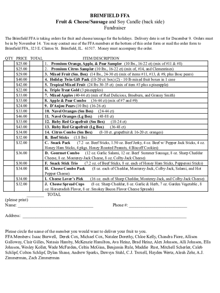 Fillable Online 2022 FFA Fruit & Candle Order Form - Connect Suite Fax ...