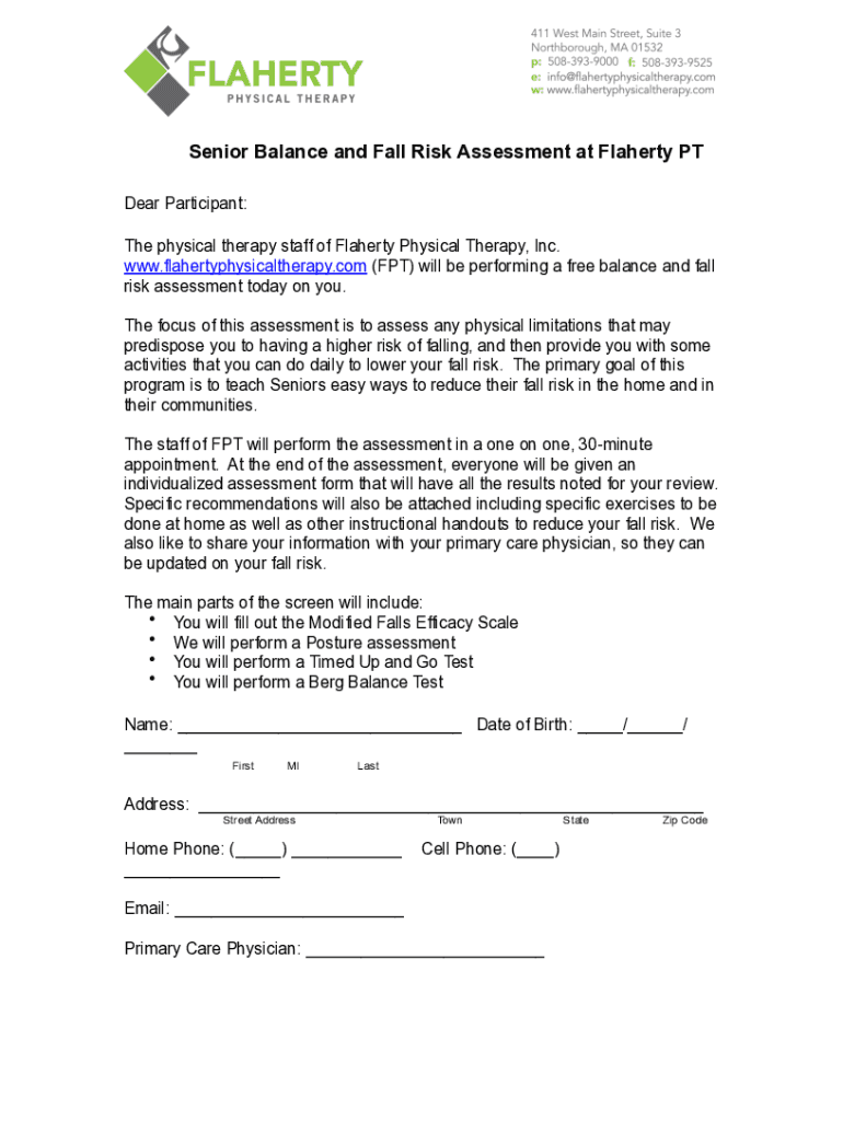 Fillable Online Senior Falls balance handout for Patients to complete ...