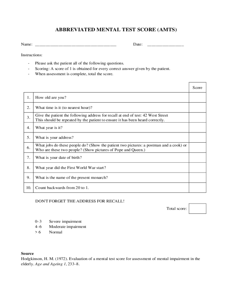 Fillable Online The Abbreviated Mental Test Score; Is There a Need for ...