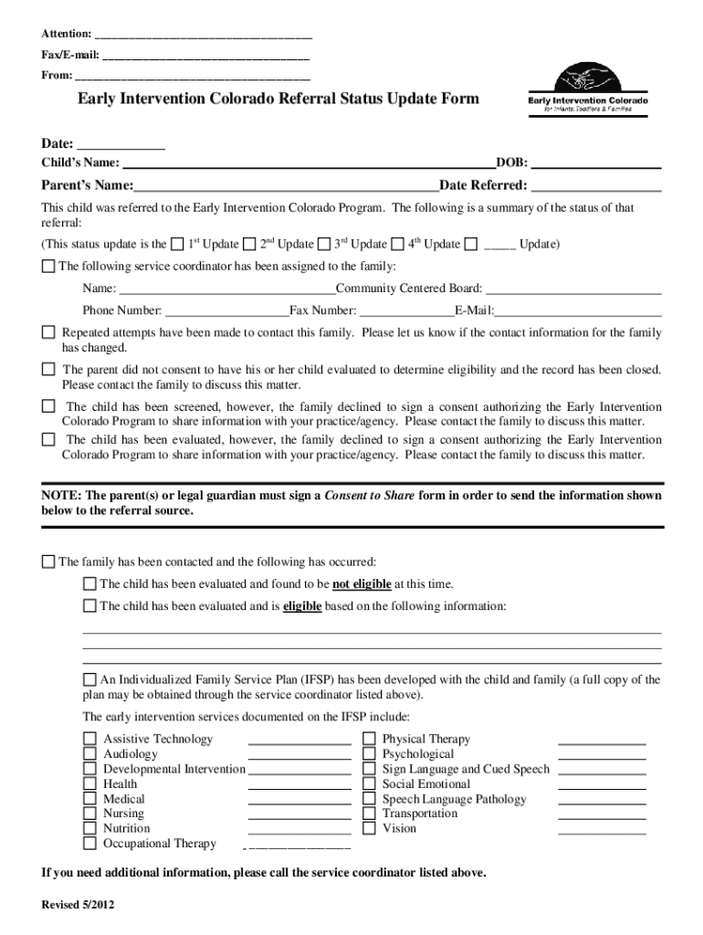 Fillable Online Early Intervention Colorado Referral Status Update Form ...