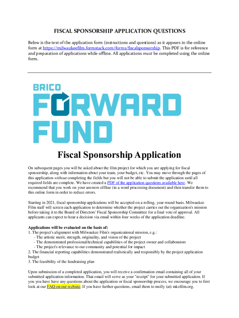 Fillable Online Fiscal Sponsorship Application Questions Fax Email ...