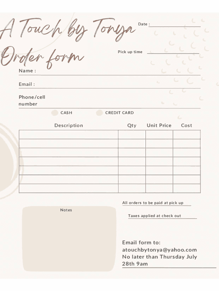 Fillable Online A Touch by Tonya Menu and Order Form for July 28th ...