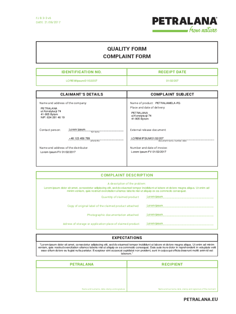 Fillable Online QUALITY FORM COMPLAINT FORM Fax Email Print - pdfFiller