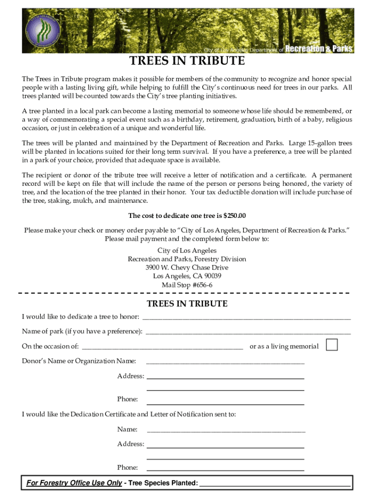 Fillable Online The Gifted Tree: Plant Trees for Memorials, Charity ...