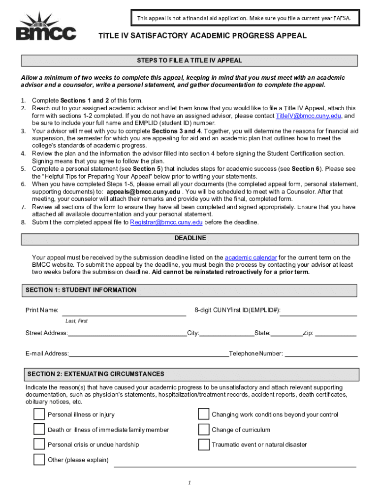 Fillable Online Title IV Satisfactory Academic Progress Appeal Form Fax ...