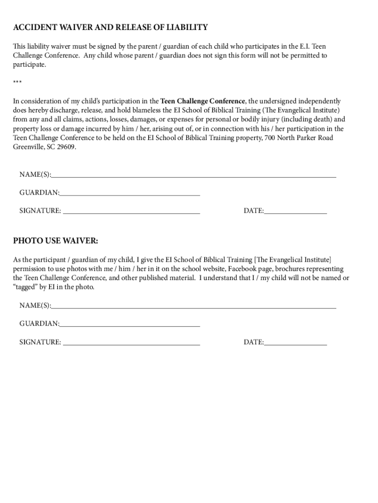 Fillable Online ACCIDENT WAIVER AND RELEASE OF LIABILITY PHOTO ... Fax ...