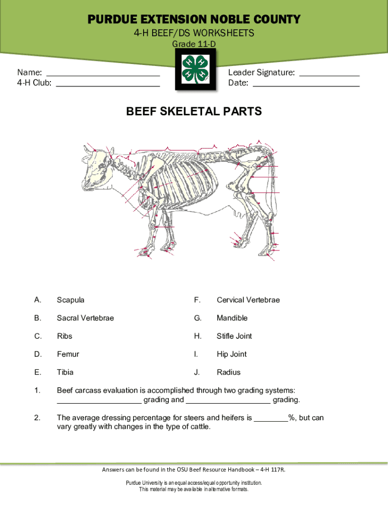 Fillable Online extension purdue beef skeletal parts - Purdue Extension ...