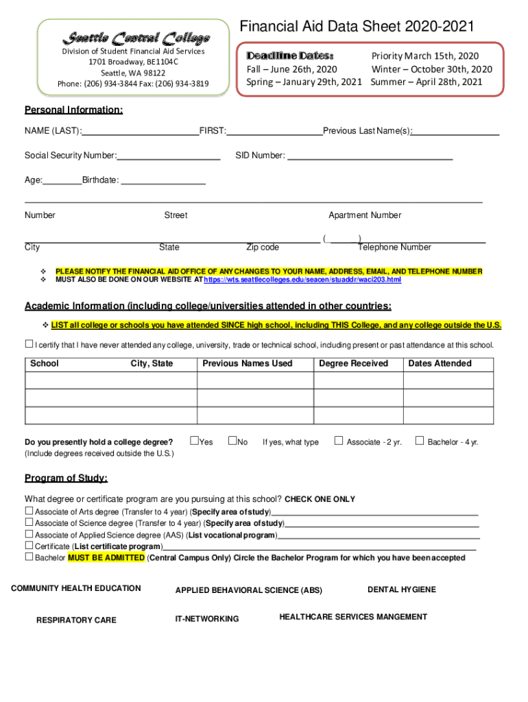 Fillable Online Financial Aid Data Sheet 2020-2021 Fax Email Print ...