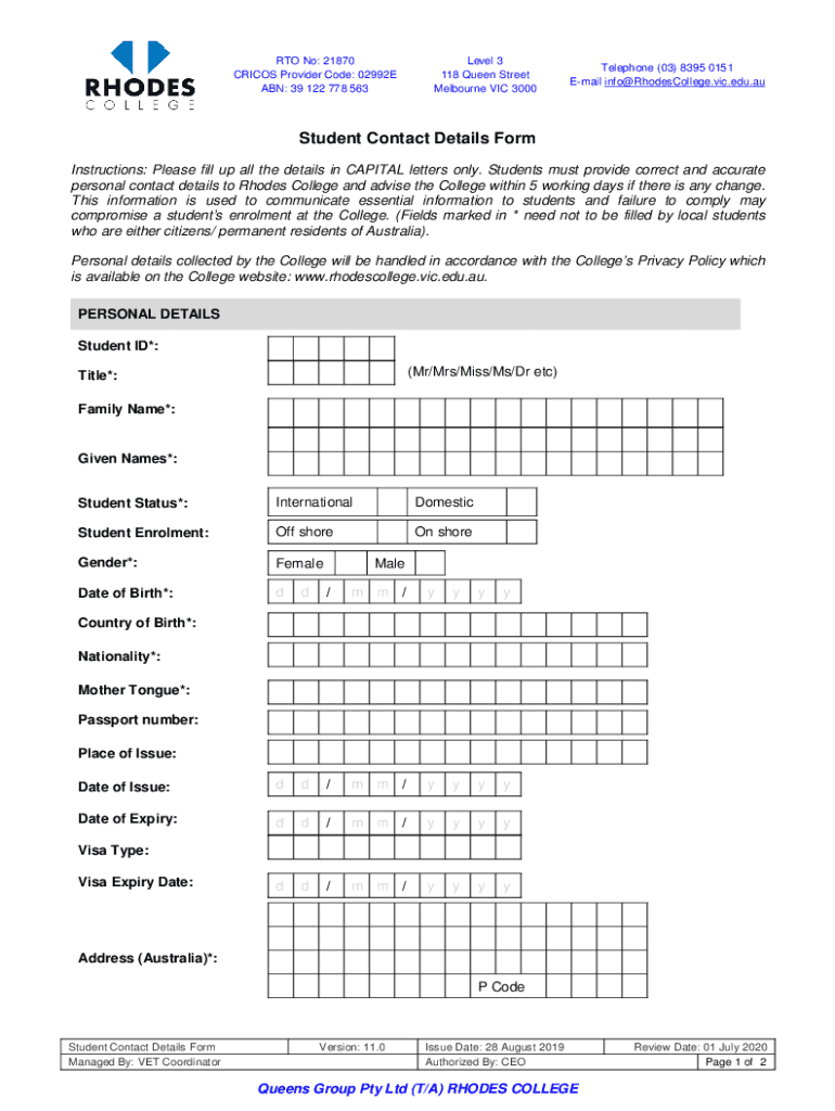 Fillable Online Student Contact Details Form v11.0.docx Fax Email Print ...
