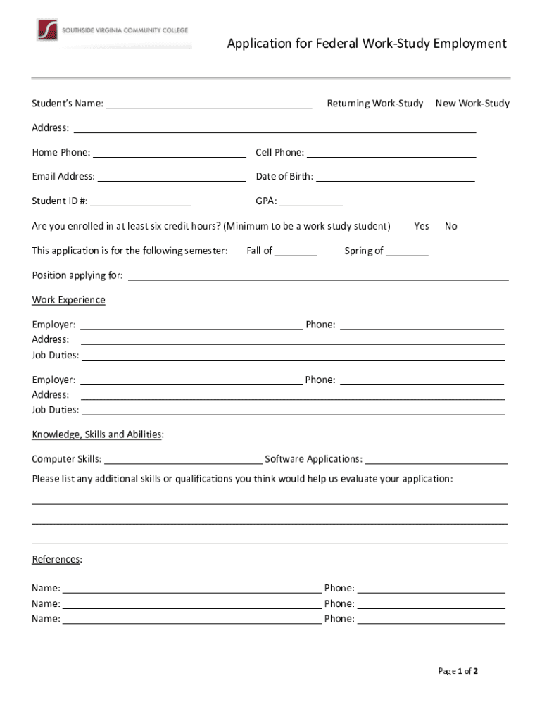 Fillable Online APPLICATION FOR WORK-STUDY Fax Email Print - pdfFiller