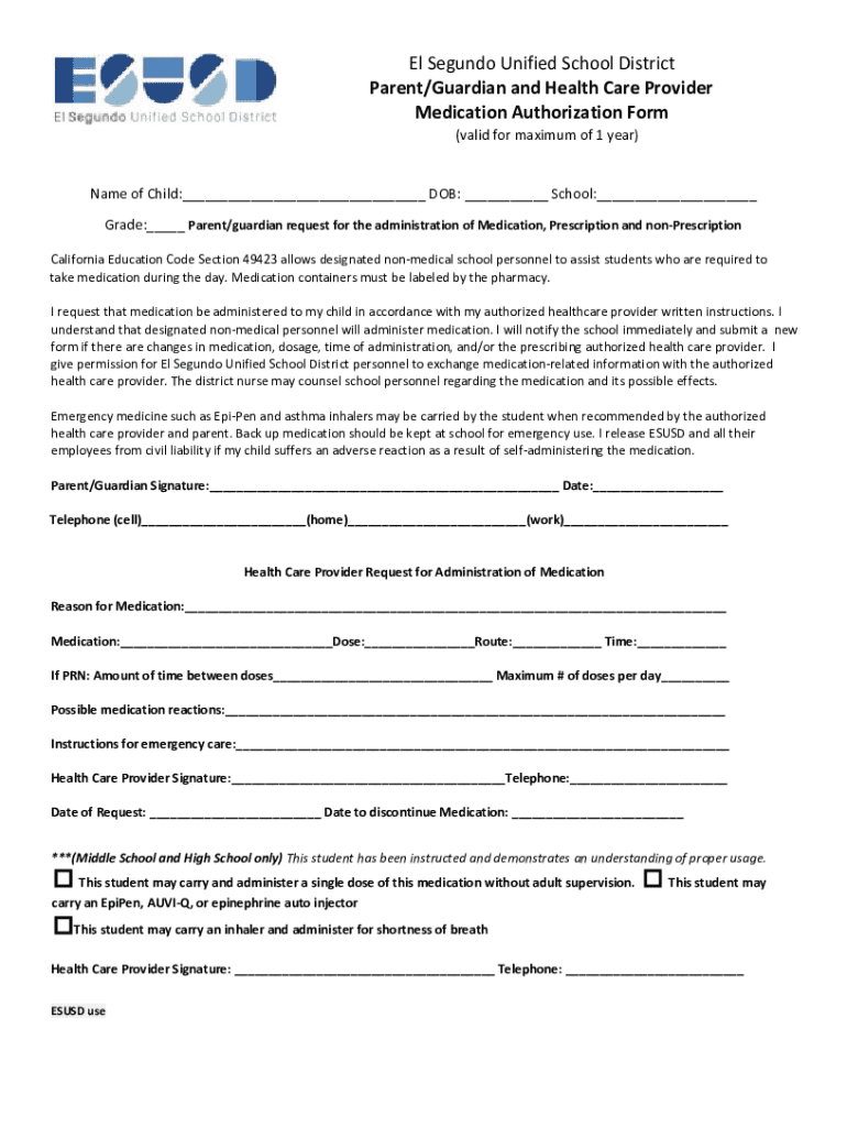 Fillable Online Parent/Guardian and Physician Request for Medication ...