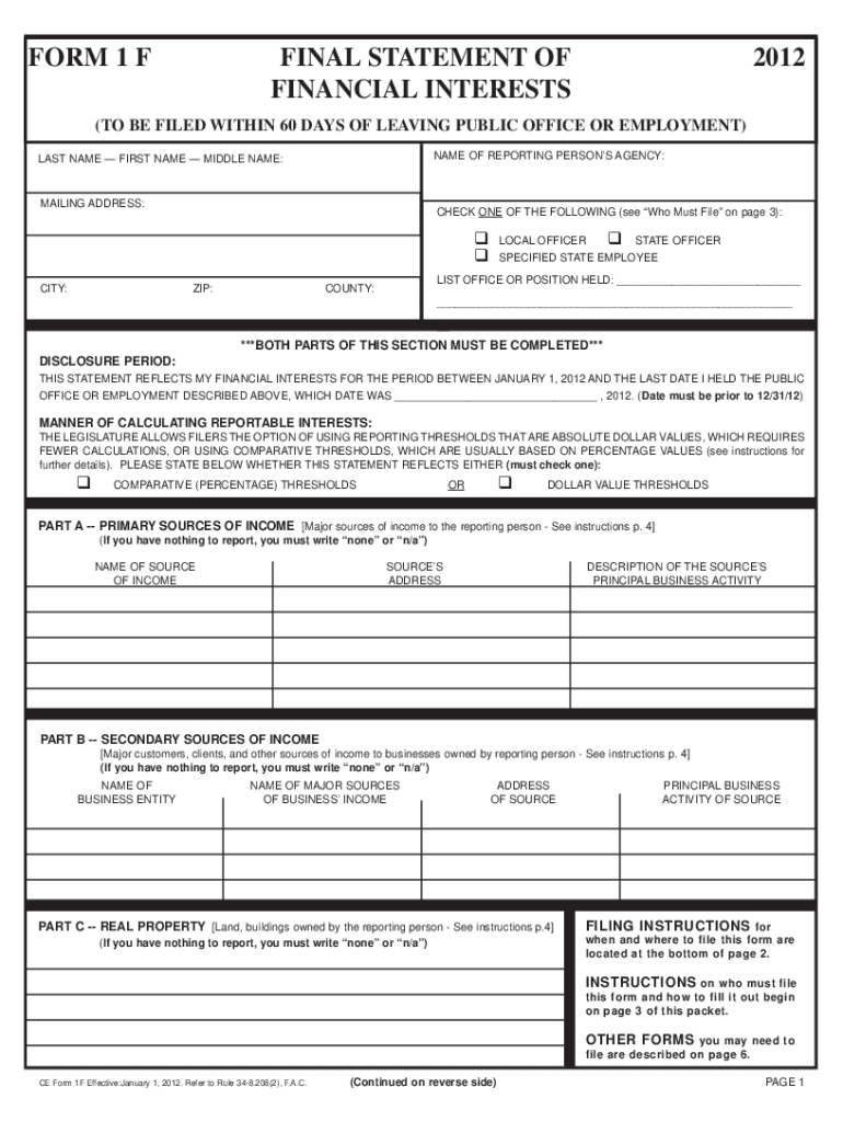 Fillable Online form 1 f final statement of 2012 financial interests ...