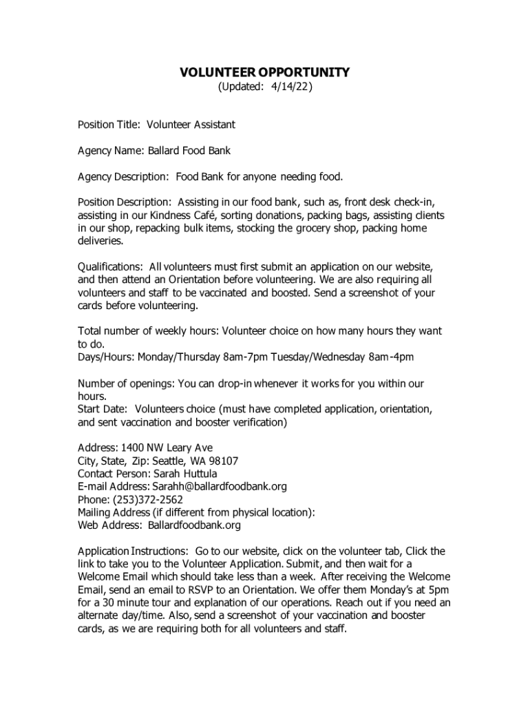 Fillable Online Ballard Food Bank Volunteer Application - LGL Forms ...