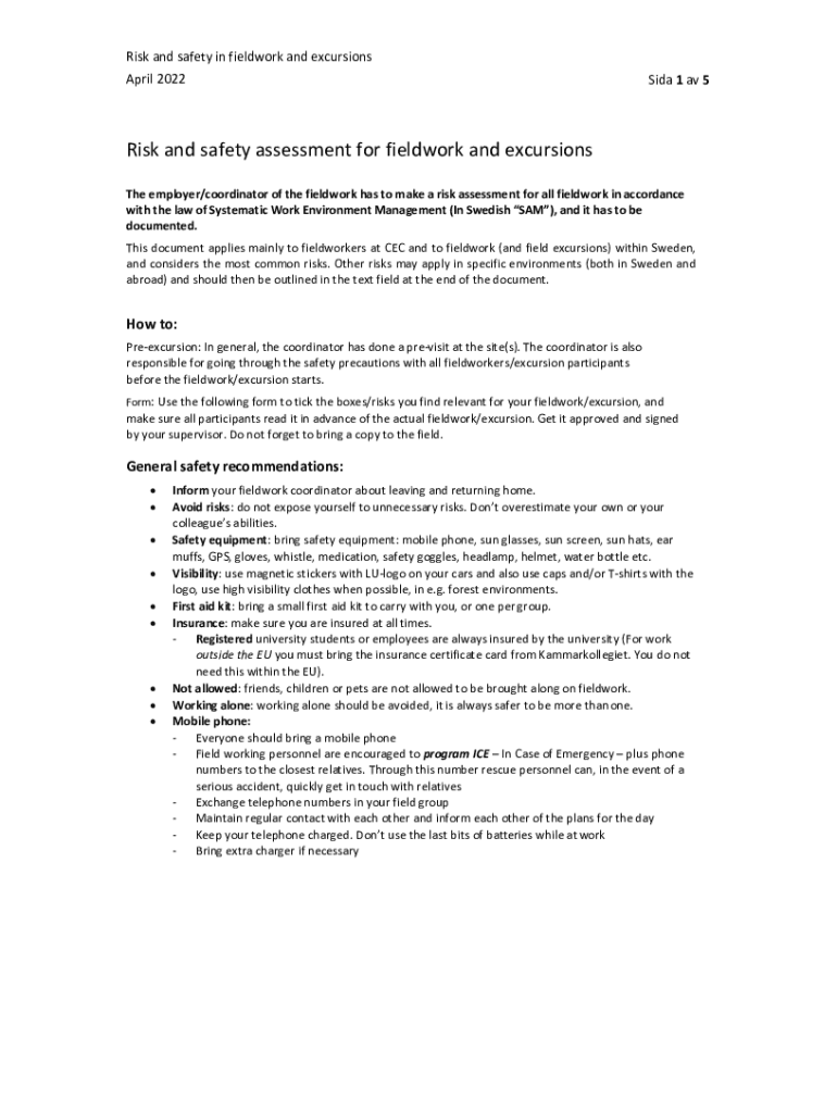 Fillable Online Risk and safety assessment for fieldwork and excursions ...