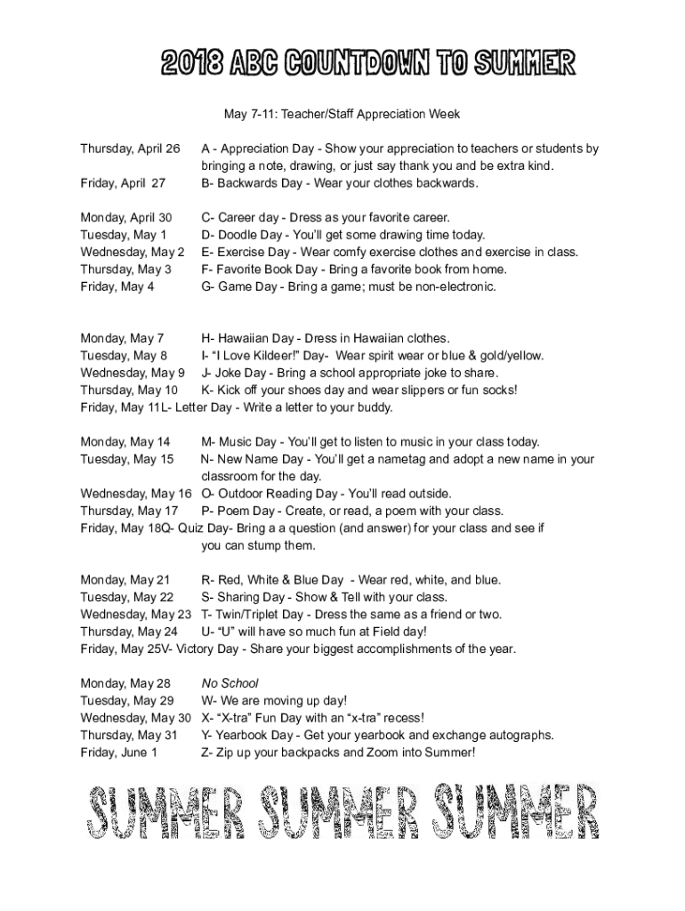 Fillable Online ABC countdown to summer vacation!#iteachprek ... Fax ...