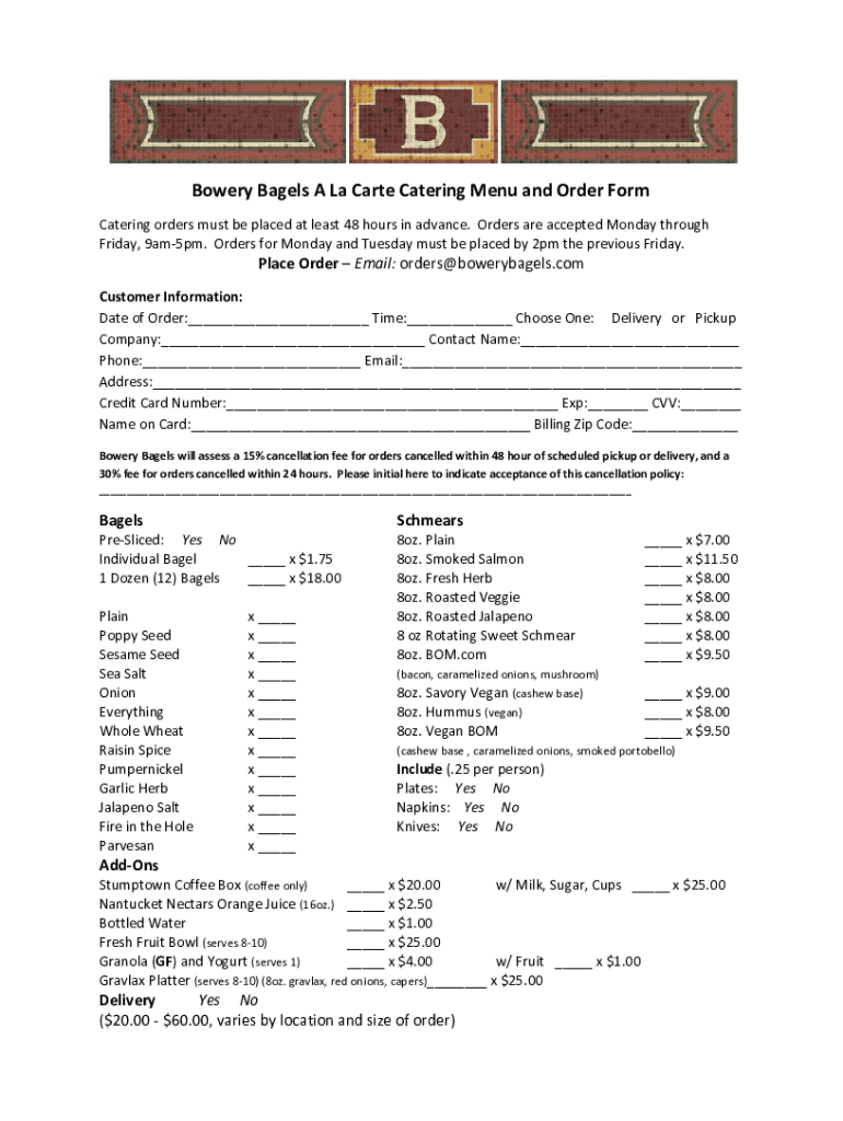 Fillable Online Bowery Bagels A La Carte Catering Menu and Order Form ...