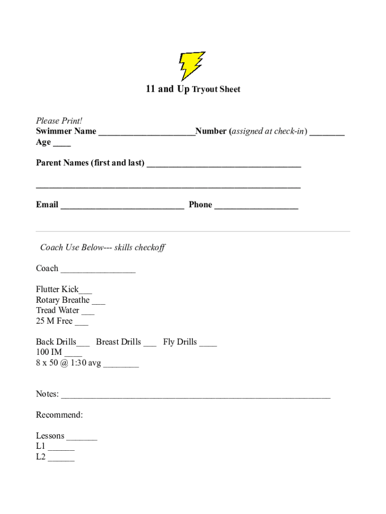 Fillable Online 11 and Up Tryout Sheet Fax Email Print - pdfFiller