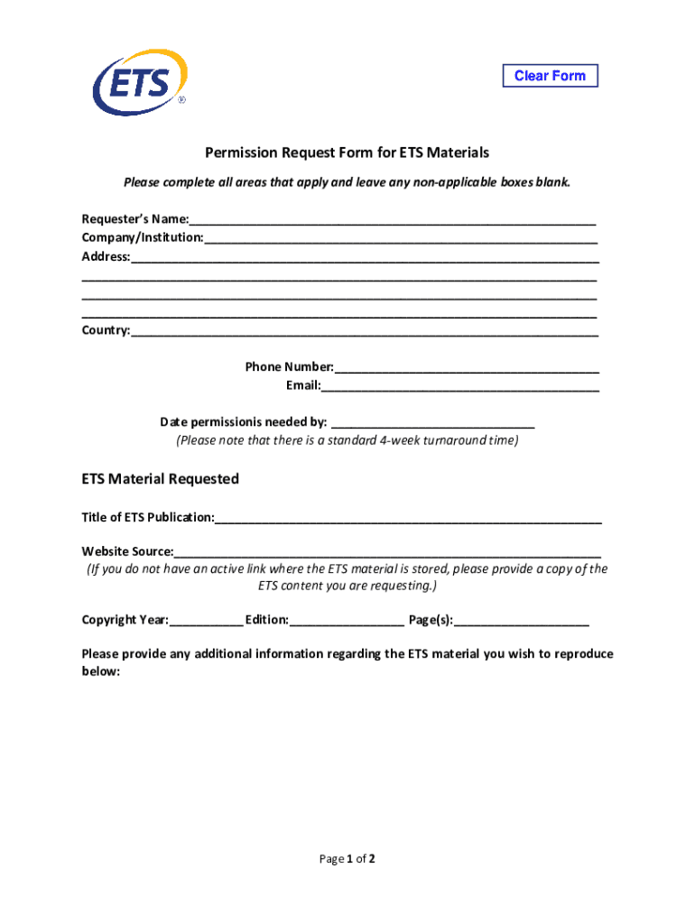 Fillable Online Permission Request Form for ETS Materials Fax Email Print - pdfFiller