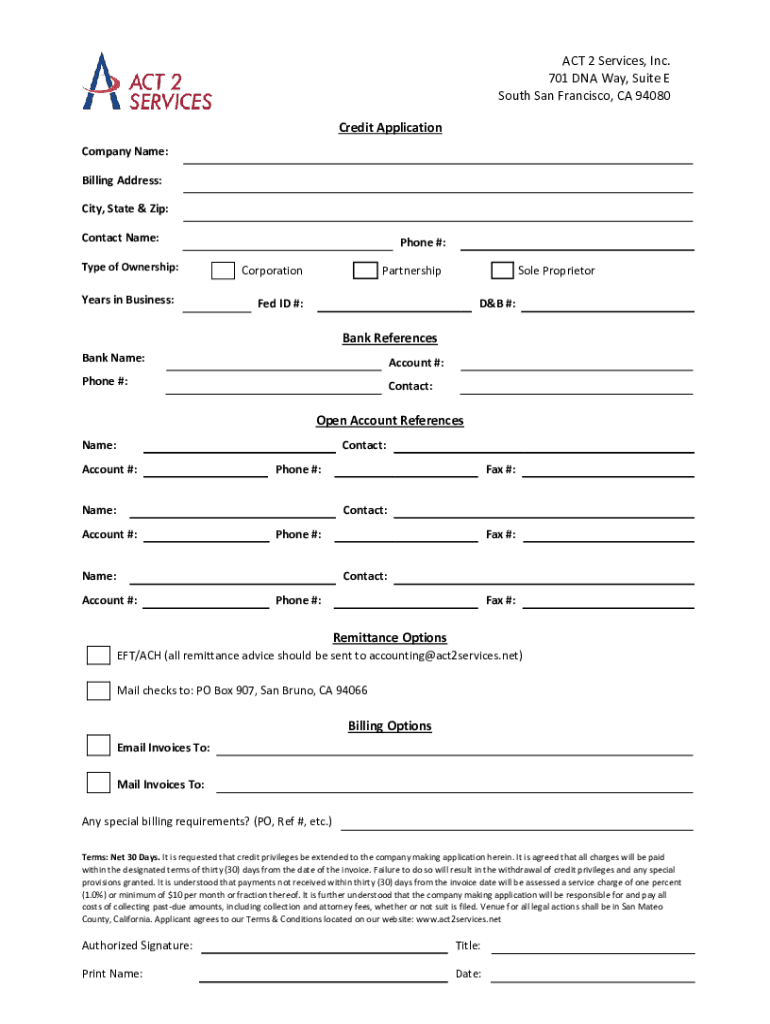 Fillable Online Act 2 Service Inc, 701 DNA Way, Suite E, South San ... Fax Email Print - pdfFiller