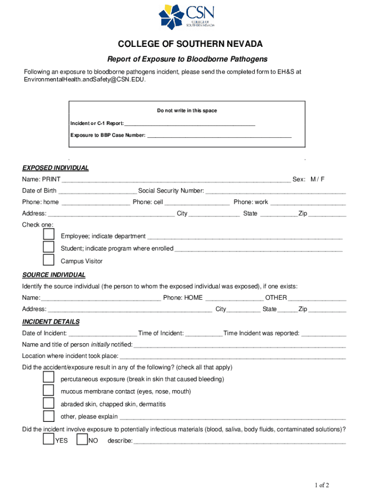 Fillable Online Report of Exposure to Bloodborne Pathogens Fax Email ...