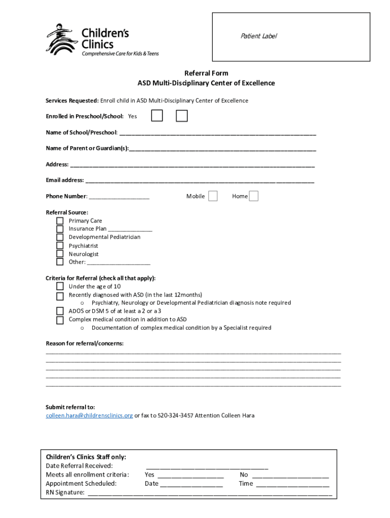 Fillable Online Referral Form ASD Multi-Disciplinary Center of ...