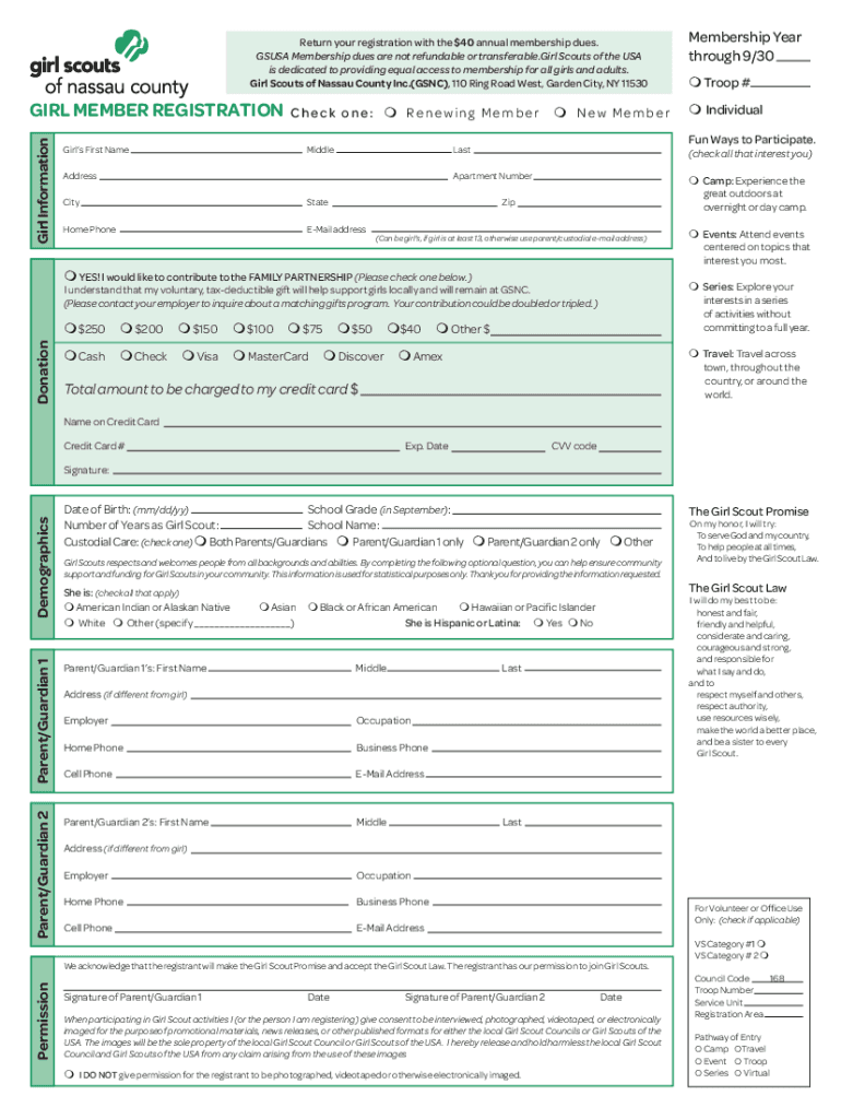 Fillable Online Girl Membership Registration Form - English. Mandatory ...