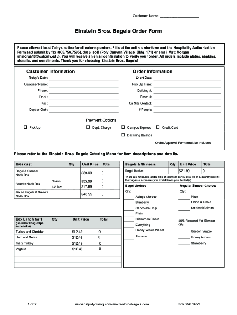Fillable Online Einstein Bros Bagels Catering Order Form Fax Email ...